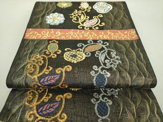 平和屋着物▽六通柄袋帯　スリーシーズン帯　春　夏　秋　すくい織　横段花唐草文　金銀糸　正絹　逸品　DAAU5714ps