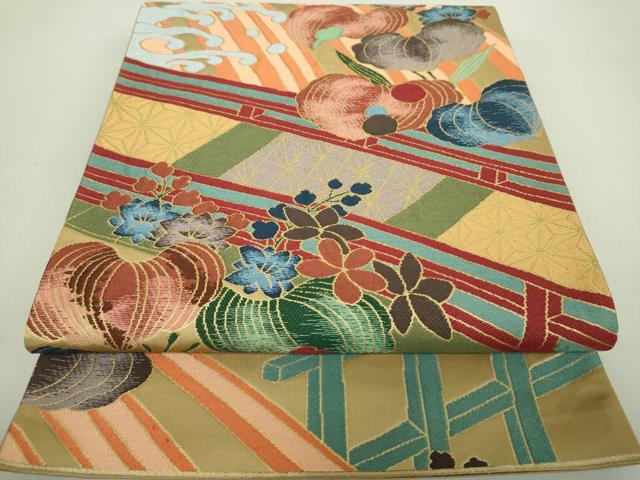 平和屋着物●西陣　白綾苑大庭　六通柄袋帯　立波渡橋花文　金糸　正絹　逸品　DAAU5749ps