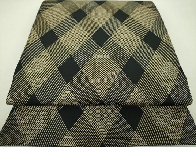 平和屋着物●九寸開き名古屋帯　菱文　黒地　金彩　正絹　逸品　DAAU5764ps