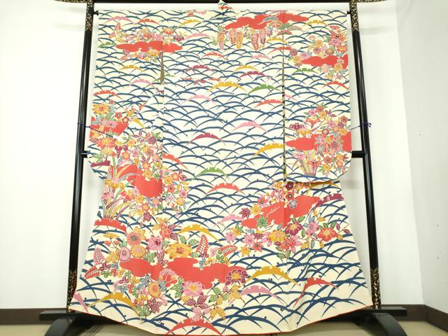 平和屋着物●和染紅型　栗山紅型　栗山吉三郎　振袖　雪芝　露芝　霞吉祥花文　正絹　逸品　DAAU5831ps