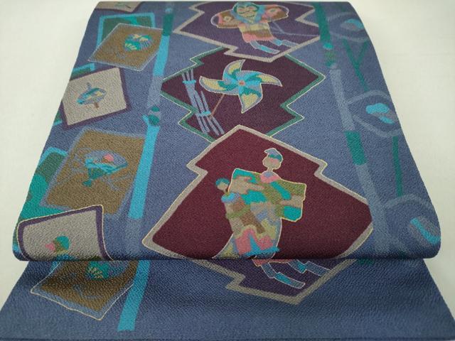 平和屋着物●全通柄九寸名古屋帯　玩具文様　凧　風車　立雛　鬼しぼ縮緬　金彩　正絹　逸品　DAAU5839ps