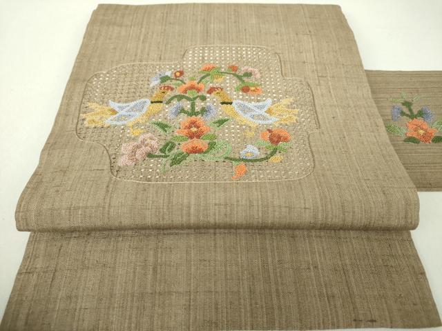 平和屋着物●中国三大刺繍　スワトウ相良刺繍　汕頭相良刺繍　総刺繍　九寸名古屋帯　紬地　花鳥文　金糸　正絹　逸品　DAAU5844ps