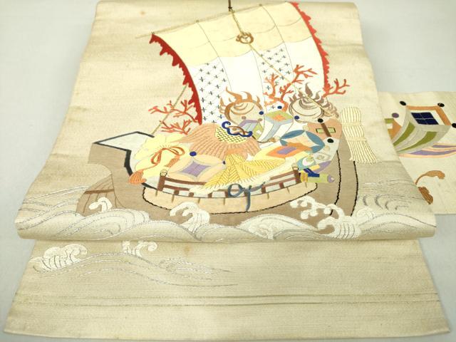 平和屋着物●アンティーク　大正ロマン　九寸名古屋帯　駒刺繍　総刺繍　宝船　金銀糸　正絹　逸品　DAAU5853ps