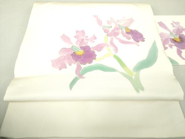 平和屋着物●塩瀬　九寸名古屋帯　作家物　手描き　カトレア　金彩　正絹　逸品　DAAU5868ps