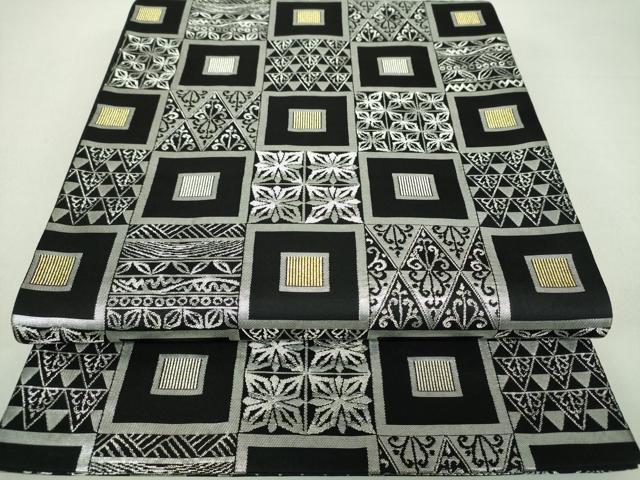 平和屋着物●西陣織　天平初年創始の京の老舗　洛陽織物　六通柄袋帯　変わり格子　黒地　プラチナ箔　正絹　逸品　DAAU5909ps