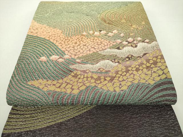 平和屋着物●極上 十日町 名門 滝泰謹製 中国三大刺繍 相良刺繍 太鼓柄袋帯 おぼろ染め 襲絞り 流水文 金糸 銀通し地 正絹 逸品 DAAU5910ps