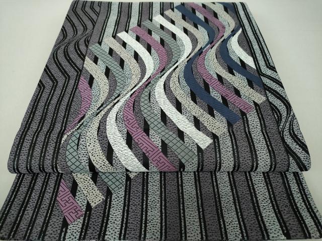 平和屋着物●六通柄袋帯　唐織　変わり間道　黒地　銀糸　正絹　逸品　DAAU5923ps