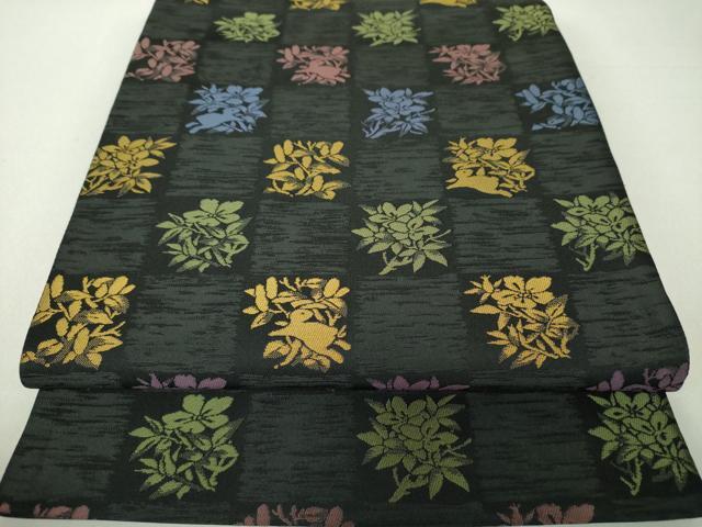 平和屋着物●太鼓柄袋帯　市松花兎　黒地　正絹　逸品　未使用　DAAU5933ps