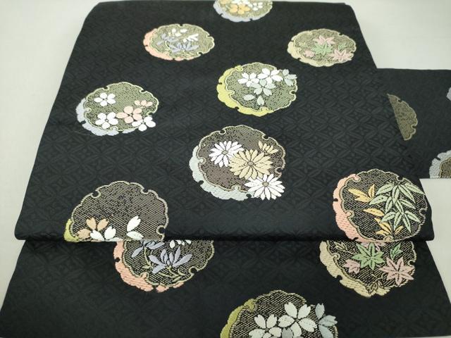 平和屋着物●九寸名古屋帯　唐織　雪輪花文　黒地　金糸　正絹　逸品　DAAU5944ps
