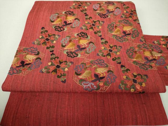 平和屋着物●九寸名古屋帯　紬地　総刺繍　花鳥文　正絹　逸品　未使用　DAAU5945ps