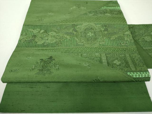 平和屋着物●中国三大刺繍 スワトウ相良刺繍 汕頭相良刺繍 総刺繍 九寸名古屋帯 紬地 花喰鳥 正倉院花文 濃老竹色 正絹 逸品 DAAU5948ps