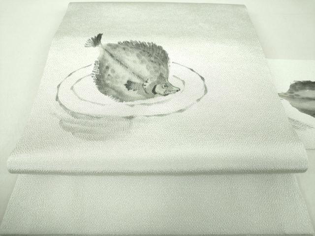 平和屋着物●九寸名古屋帯　手描き　魚　カレイ　鬼しぼ縮緬　正絹　逸品　未使用　DAAU5956ps