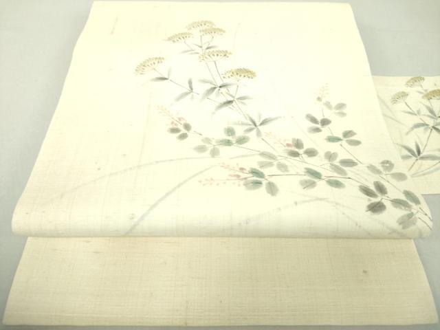 平和屋着物＊夏物　九寸名古屋帯　生紬　手描き　秋草文　正絹　逸品　DAAU5960ps