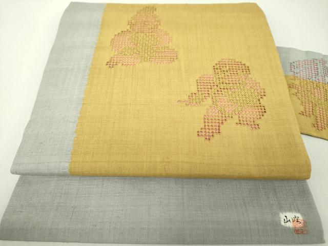 平和屋着物●九寸名古屋帯　紬地　作家物　絞り　刺繍　唐子　正絹　逸品　DAAU5961ps