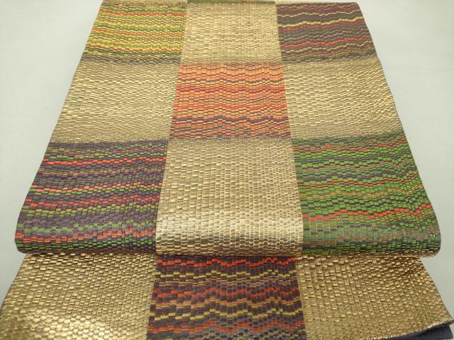 平和屋着物●西陣河村織物謹製・手織り　六通柄袋帯　手織　唐織　粋彩市松紋　金糸　正絹　逸品　DAAU5966ps