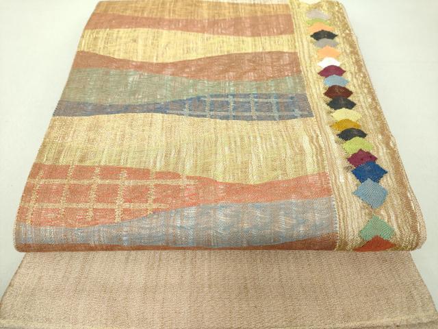 平和屋着物▽太鼓柄袋帯　スリーシーズン帯　春　夏　秋　櫛織り　菱繋ぎ間道　金糸　正絹　逸品　DAAU5970ps