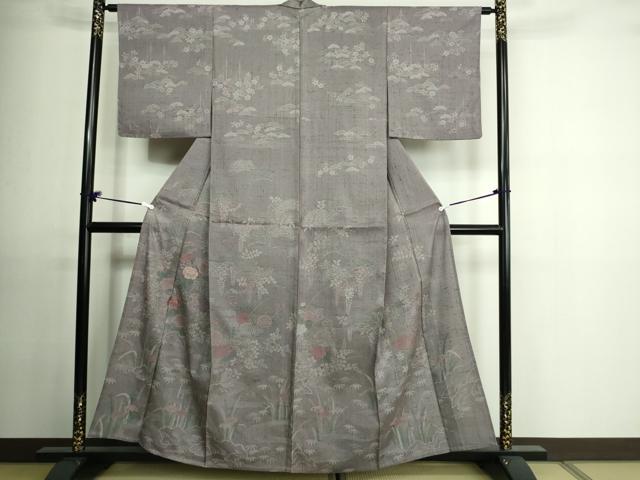 平和屋着物▽訪問着　単衣　刺繍　紬地　流水草花文　正絹　逸品　DAAU6415sf