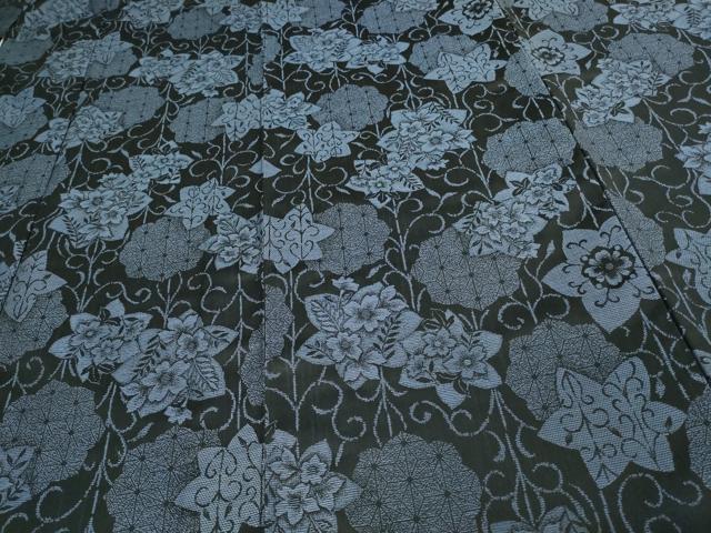 平和屋着物▽上質な小紋　単衣　草花文　黒地　洗える着物　未使用　DAAU6418sf