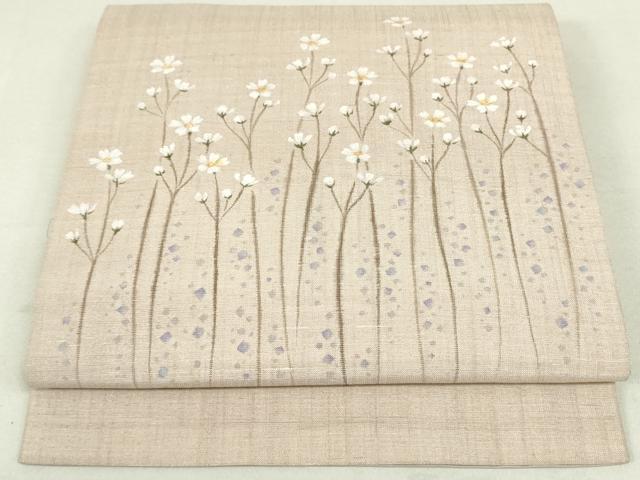 平和屋着物●着物デザイナー　園山明子　太鼓柄袋帯　手描き　紬地　草花文　正絹　逸品　DAAU6522ob