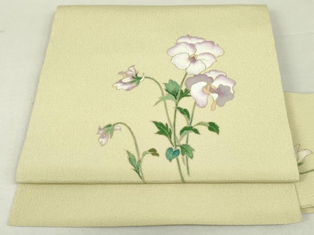 平和屋着物●九寸名古屋帯　作家物　手描き　草花文　金彩　鬼しぼ縮緬　正絹　逸品　DAAU6534ob