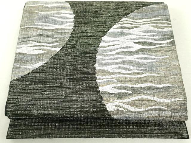 平和屋着物●太鼓柄袋帯　紬地　抽象文様　黒地　金銀糸　正絹　逸品　DAAU6604ob