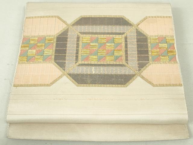 平和屋着物●京の名門　じゅらく謹製　八寸名古屋帯　幾何学横段文　正絹　逸品　DAAU6621ob