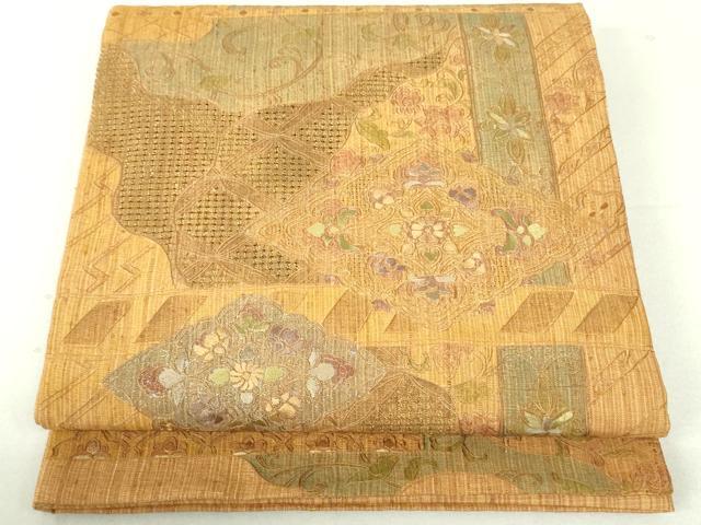 平和屋着物●中国三大刺繍　スワトウ刺繍　汕頭刺繍　総刺繍　太鼓柄袋帯　紬地　更紗花唐草菱文　正絹　逸品　未使用　DAAU6626ob