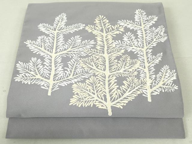 平和屋着物●綴れ　八寸名古屋帯　刺繍　枝葉文　鳩羽色　高島屋扱い　正絹　逸品　DAAU6636ob