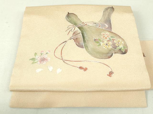 平和屋着物●京友禅作家　黒島敏　九寸名古屋帯　手描き　瓢箪　草花文　肌色　鬼しぼ縮緬　正絹　逸品　DAAU6645ob