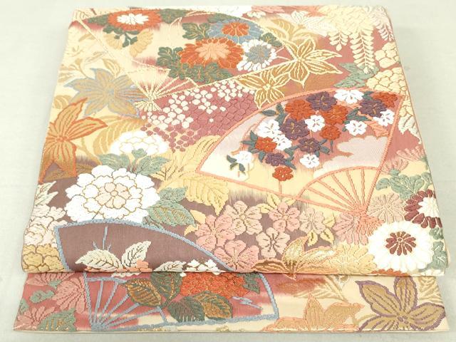 平和屋着物●六通柄袋帯　唐織　扇草花文　金糸　正絹　逸品　DAAU6650ob