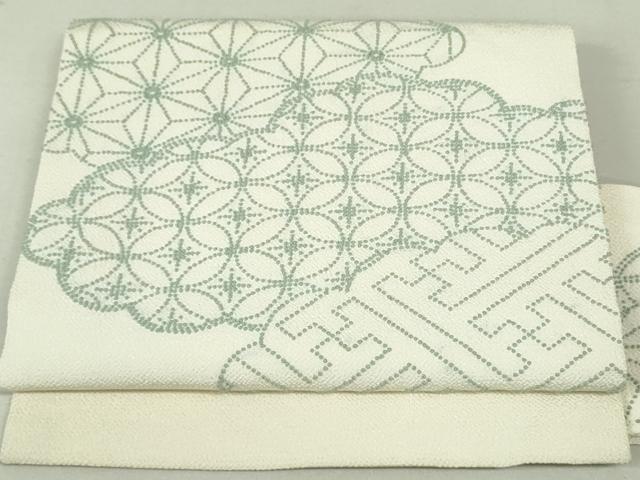 平和屋着物●中国三大刺繍　相良刺繍　総刺繍　九寸名古屋帯　雲取り麻の葉七宝文　生成り色　鬼しぼ縮緬　正絹　逸品　DAAU6677ob