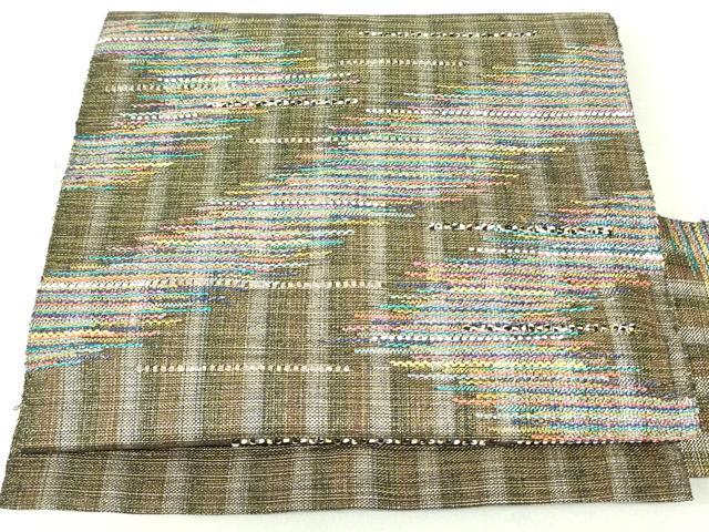 平和屋着物●八寸名古屋帯　紬地　抽象文様　間道　金糸　正絹　逸品　DAAU6681ob