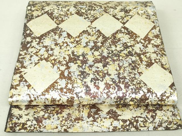 平和屋着物●全通柄袋帯　紬地　霞菱文　金銀糸　引箔　正絹　逸品　DAAU6691ob