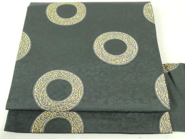平和屋着物●九寸名古屋帯　抽象丸文　黒地　金糸　三越扱い　正絹　逸品　DAAU6740ob