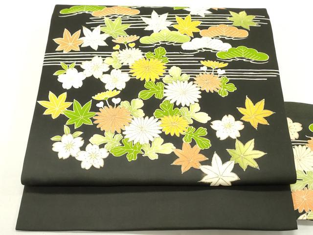 平和屋着物●塩瀬　九寸名古屋帯　草花松文　黒地　金彩　正絹　逸品　DAAU6758ob