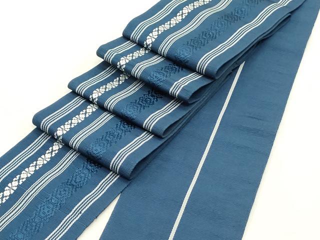 平和屋着物●本場筑前博多織　男性　両面　角帯　献上　縞　青藍色　正絹　逸品　DAAU6794ob