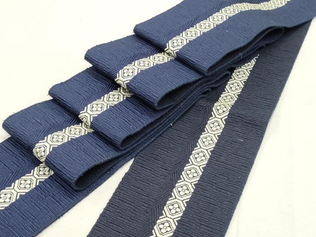 平和屋着物●男性　両面　角帯　紬地　花菱間道　濃藍色　鉄紺色　正絹　逸品　未使用　DAAU6799ob