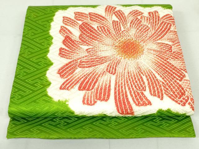 平和屋着物●名門　藤娘きぬたや・総絞り　九寸開き名古屋帯　紗綾形舞花文　萌葱色　正絹　逸品　DAAU6850ob