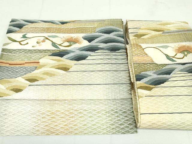 平和屋着物▽つけ帯　スリーシーズン　春夏秋　櫛織　青海波枝花横段文　金糸　正絹　逸品　未使用　DAAU6857ob