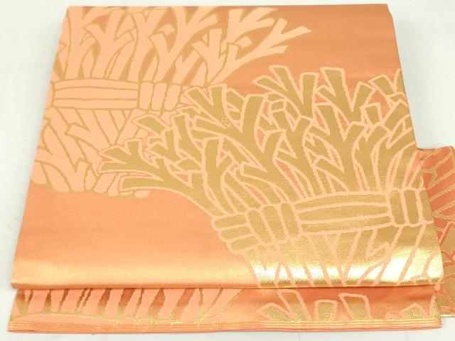 平和屋着物●西陣　川島織物　九寸名古屋帯　稲束　柿色　金糸　正絹　逸品　DAAU6859ob