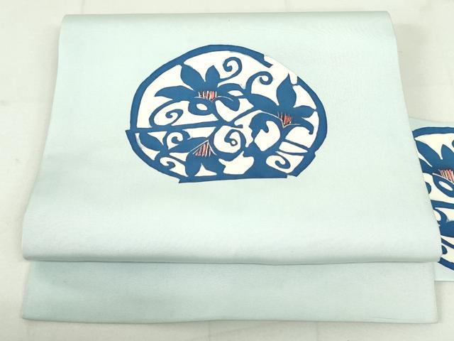 平和屋着物○塩瀬 九寸名古屋帯 手描き 型染め 花唐草丸文 月