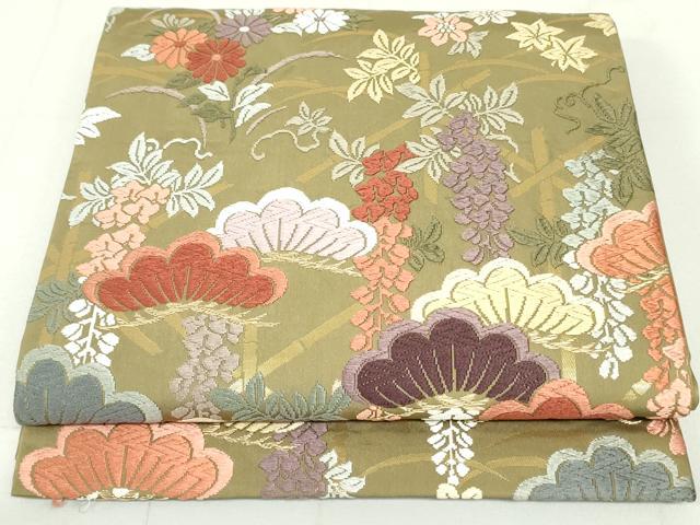 平和屋着物●六通柄袋帯　唐織　枝垂れ藤　籬草花松文　金糸　正絹　逸品　DAAU6886ob