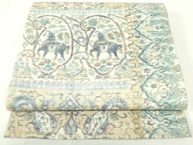 平和屋着物●小千谷紬　全通柄袋帯　狩猟更紗花唐草間道　正絹　逸品　DAAU6892ob