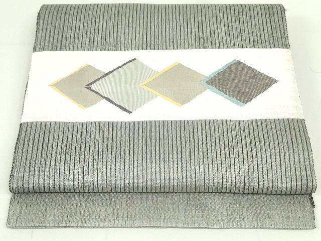 平和屋着物▽太鼓柄袋帯　スリーシーズン　春夏秋　菱横段文　銀通し地　正絹　逸品　DAAU6895ob