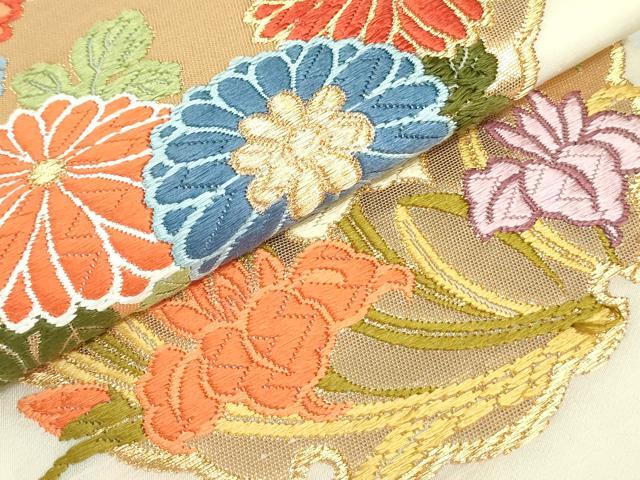 平和屋着物●西陣　織楽浅野謹製　六通柄袋帯　雪輪七宝花文　金糸　正絹　逸品　DABA1261ps 平和屋着物○六通柄袋帯 唐織 雪輪草花文 金糸 正絹 逸品 DAAU6907ob