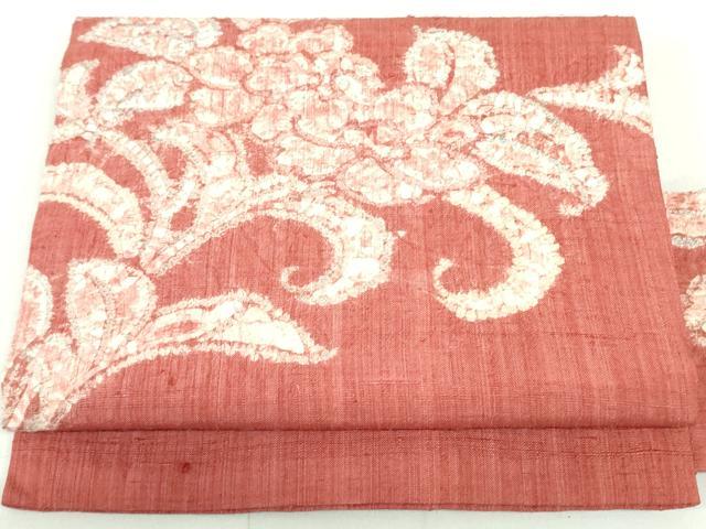 平和屋着物●九寸名古屋帯　生紬　絞り　草花文　銀朱色　正絹　逸品　未使用　DAAU6932ob