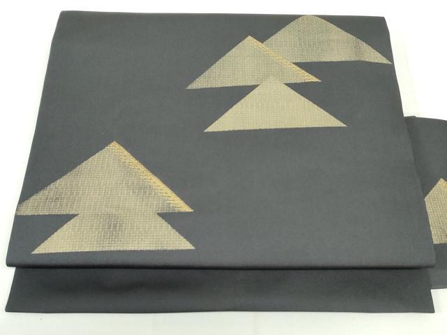 平和屋着物●塩瀬　九寸名古屋帯　竹屋町刺繍　幾何学文様　藤煤竹色　金糸　正絹　逸品　DAAU6935ob