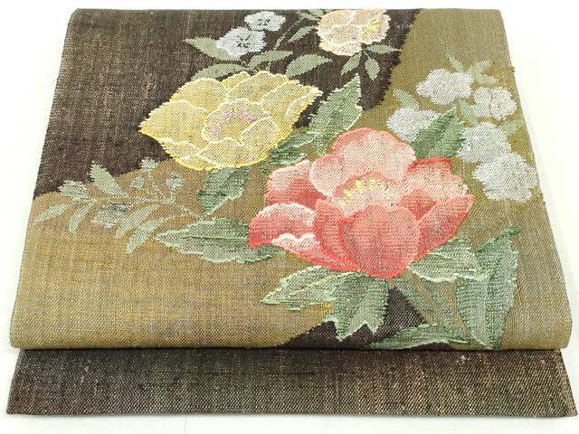 平和屋着物●太鼓柄京袋帯　紬地　草花文　正絹　逸品　未使用　DAAU6945ob