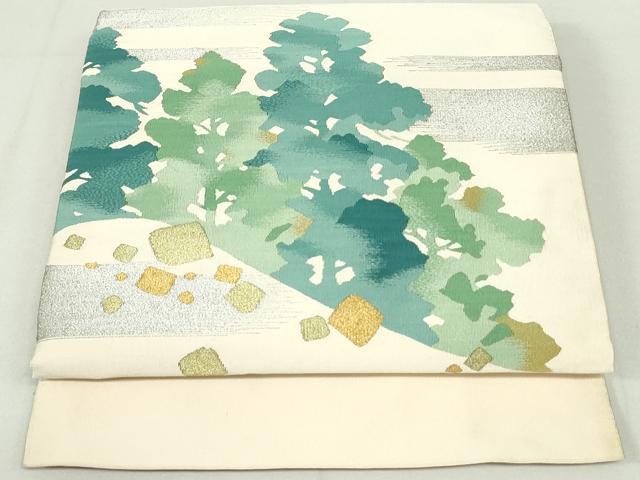 平和屋着物●爪掻き本綴れ　八寸名古屋帯　霞樹林文　肌色　金銀糸　正絹　逸品　DAAU6967ob