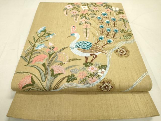 平和屋着物●中国三大刺繍　相良刺繍　総刺繍　太鼓柄袋帯　紬地　孔雀花文　正絹　逸品　DAAU9443fe